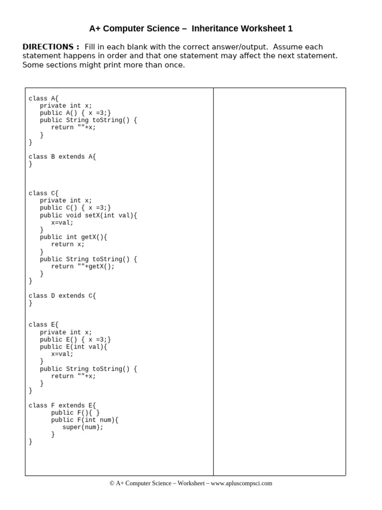 Inheritance and Polymorphism Worksheet | PDF