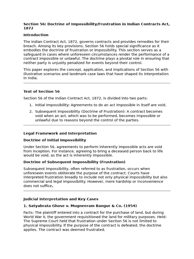 Section 56 - Doctrine of ImpossibilityFrustration in Indian Contracts ...