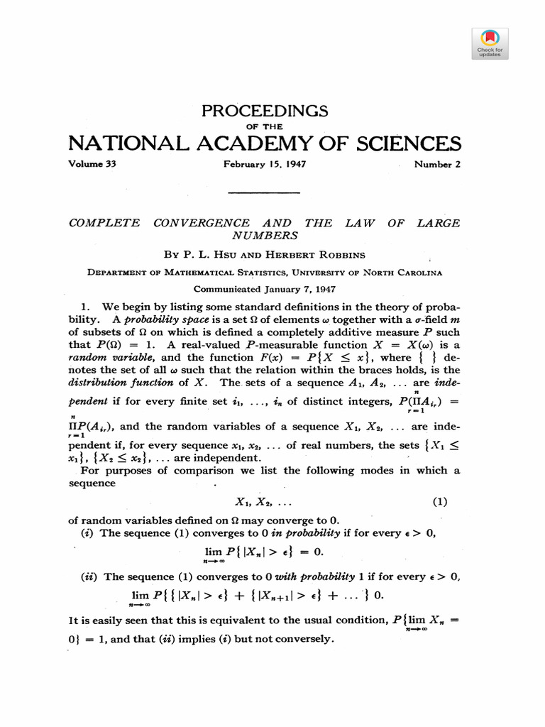 Hsu Robbins Complete Convergence and The Law of Large Numbers | PDF ...