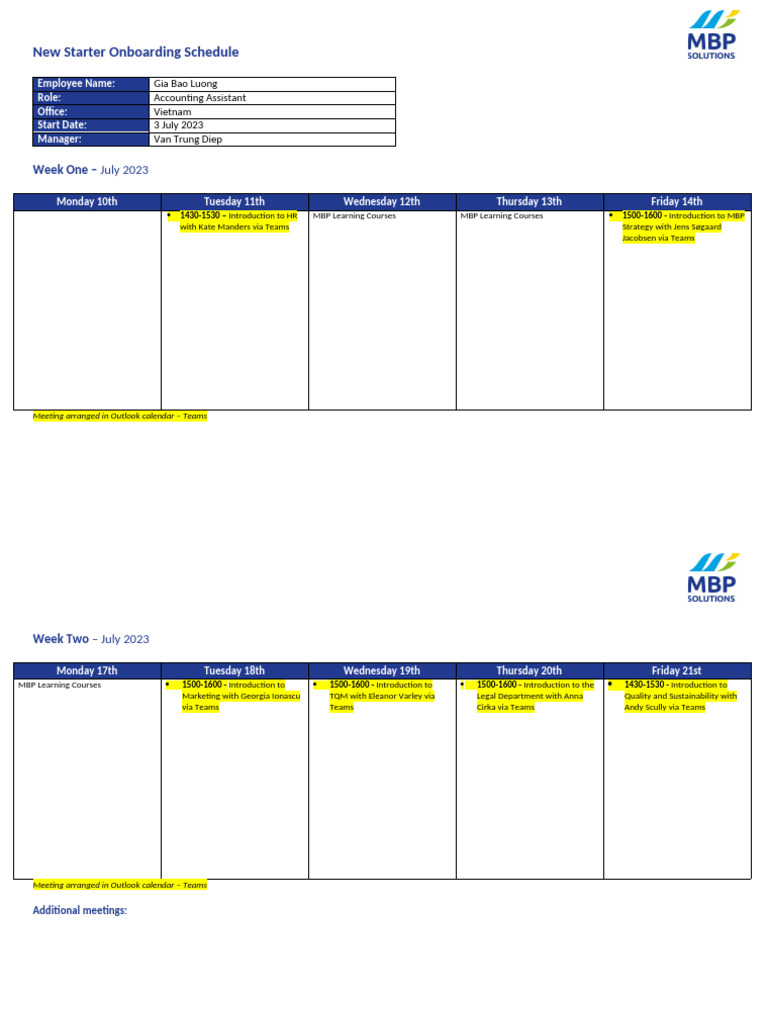 Onboarding Schedule - Gia Bao Luong | PDF