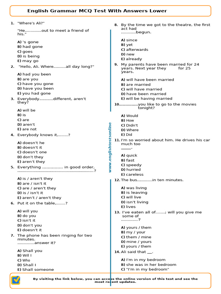 629 - English Grammar MCQ Test With Answers Lower Intermediate 02 | PDF