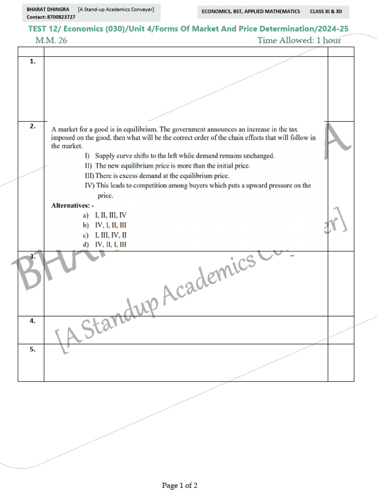 TEST 12 UNIT 4 FORMS OF MARKET^J PRICE DETERMINATION | PDF | Economic ...