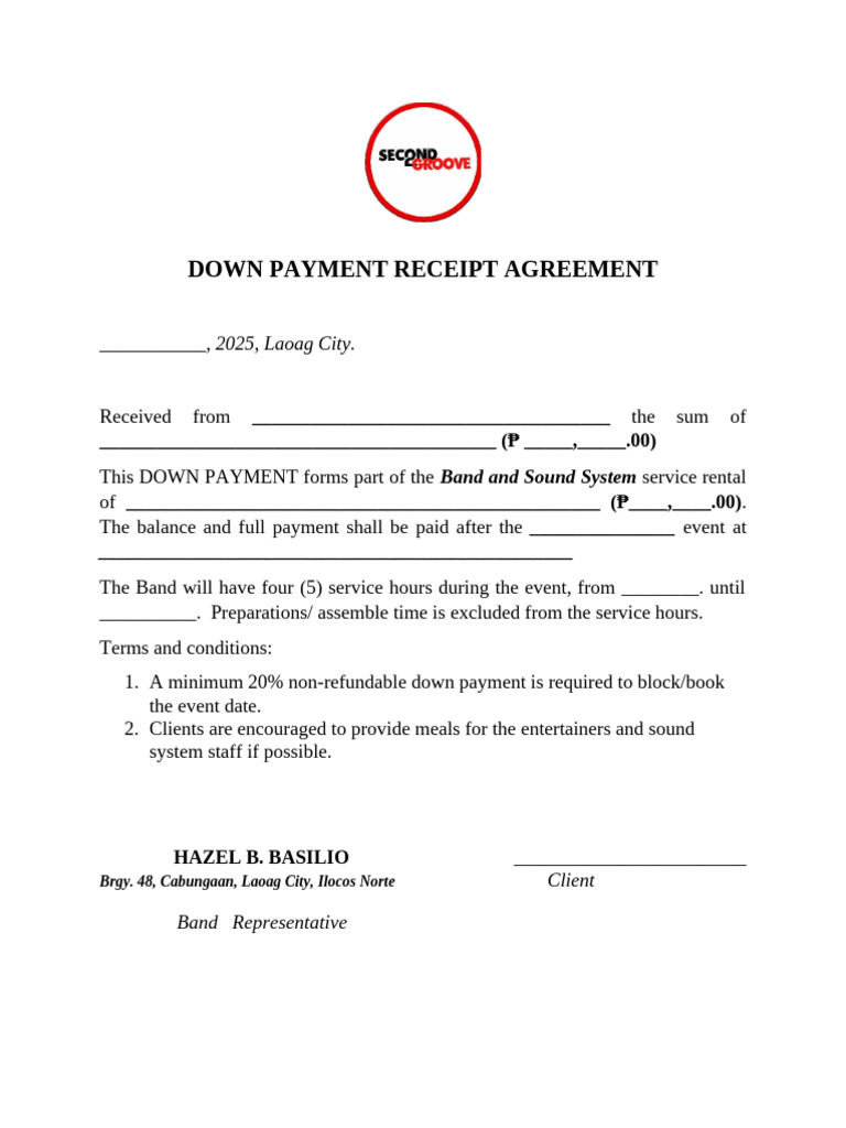 Down Payment Receipt Agreement - Blank | PDF
