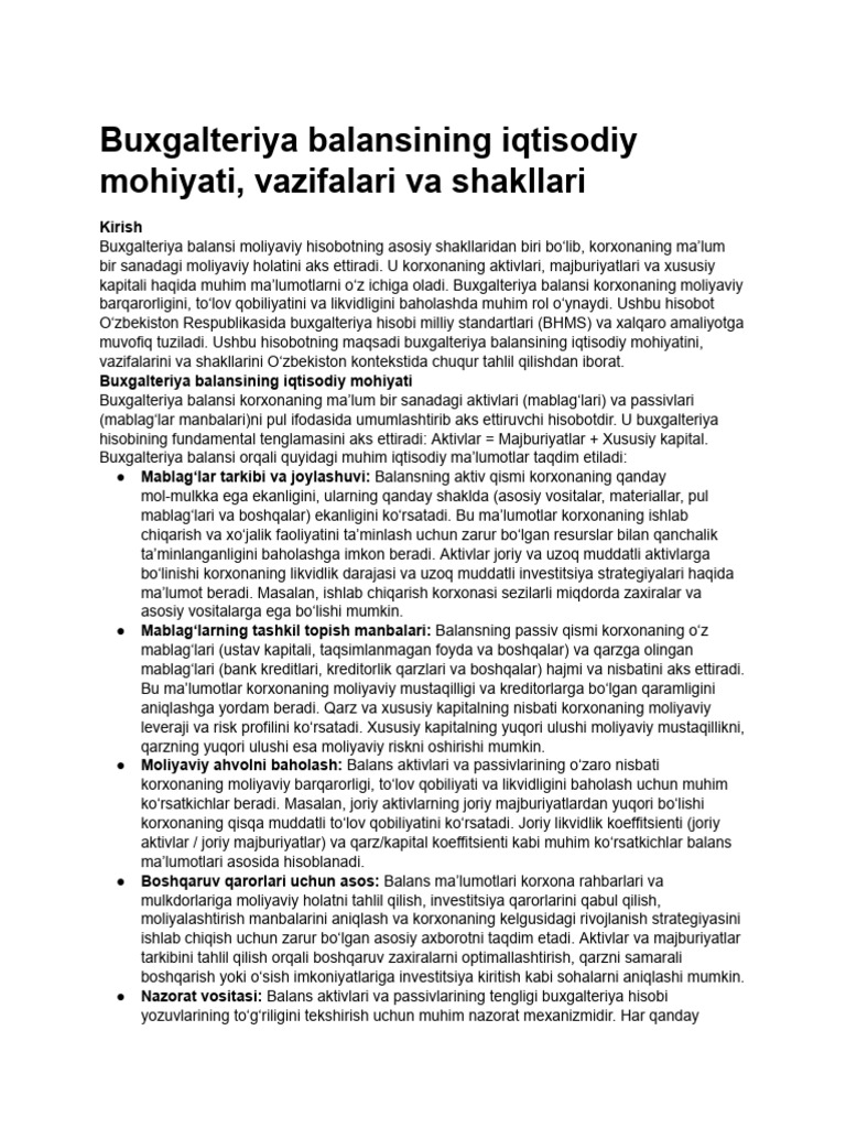 Buxgalteriya Balansi - Mohiyat, Vazifalar, Shakllar... | PDF