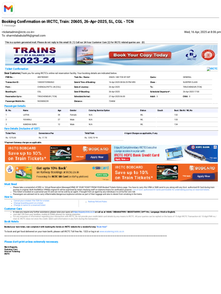 Irctc, Train - 20605,26-Apr-2025, SL, CGL - TCN | PDF | Service Industries