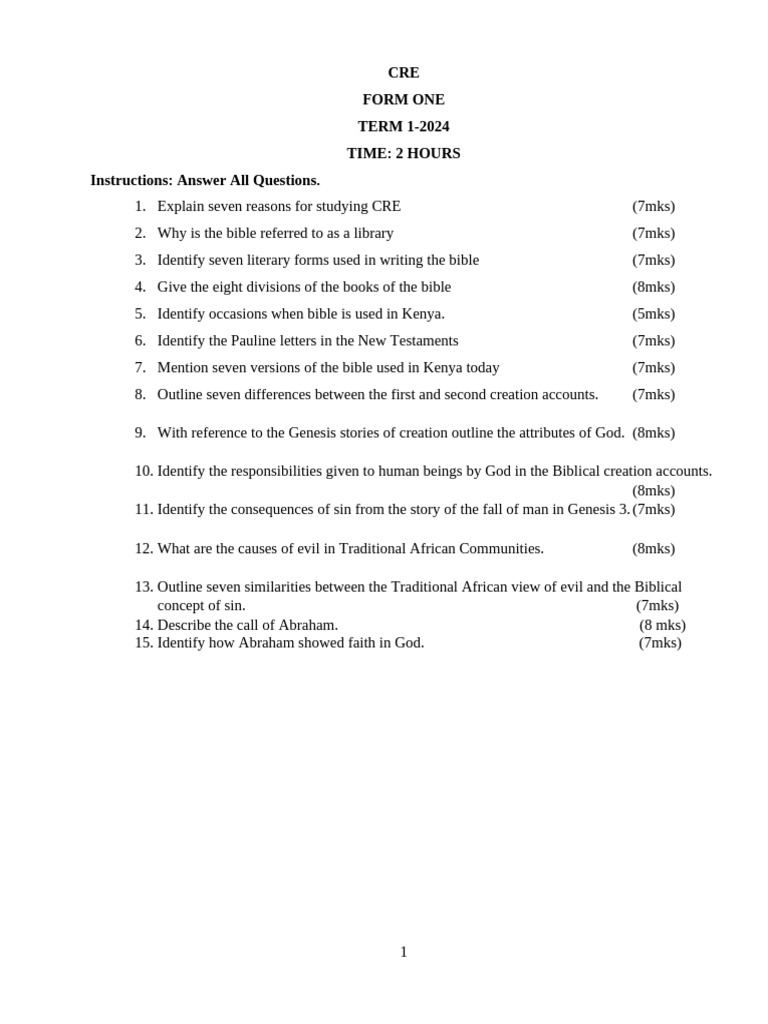 CRE Term 1 Exam Questions 2024 | PDF