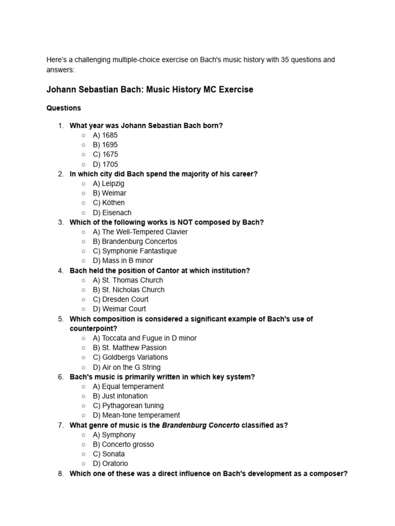 Bach Music History Quiz: 35 Questions | PDF | Johann Sebastian Bach ...
