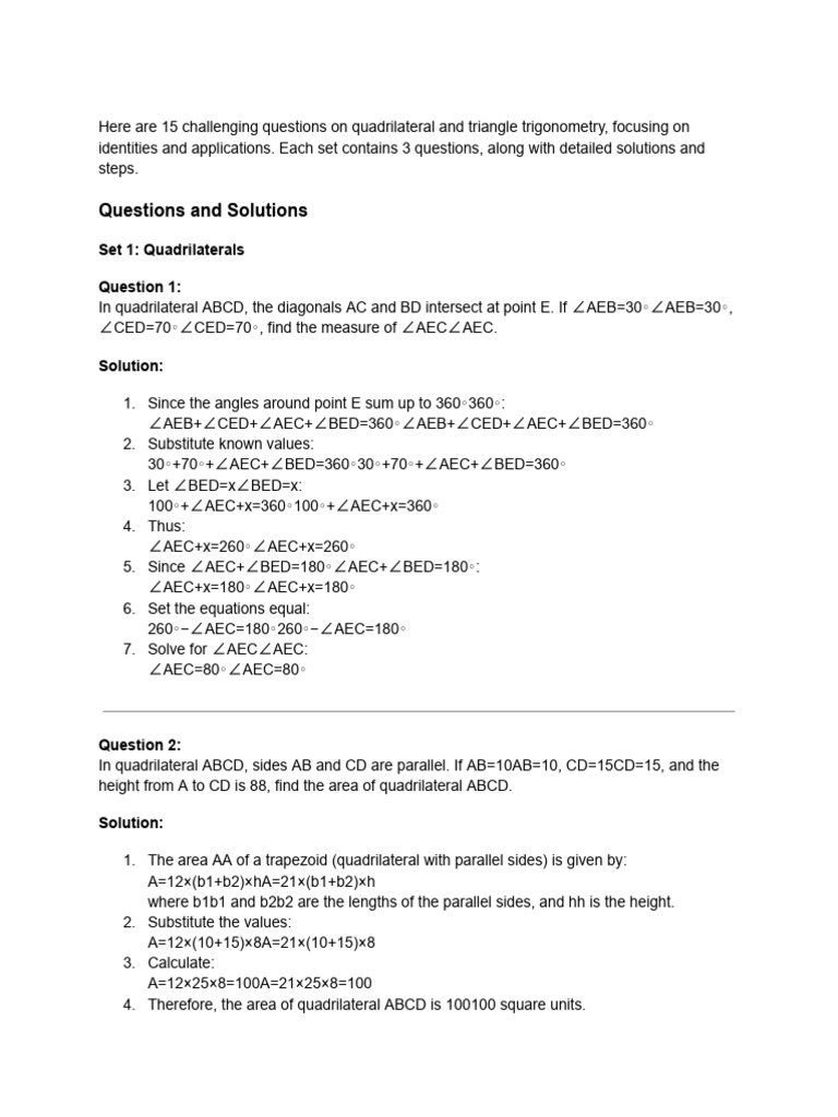 Math Trigonometry and Quadrilateral Exercise Long Question | PDF ...