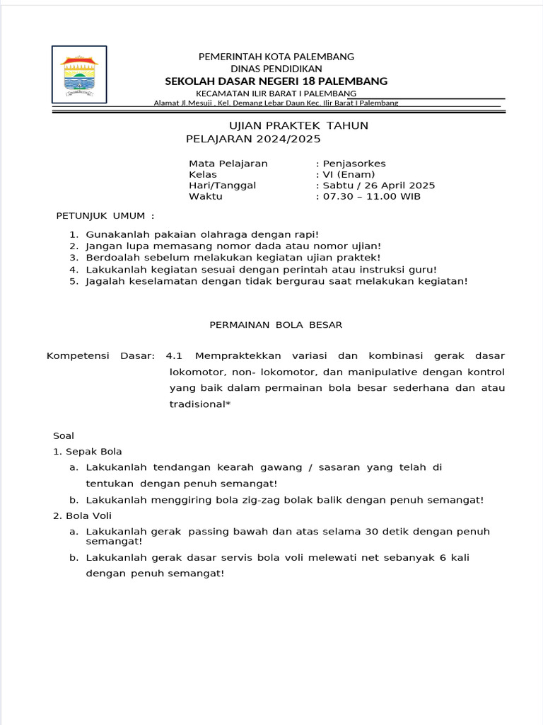 Ujian Praktik Pjok 2024 - 2025 | PDF