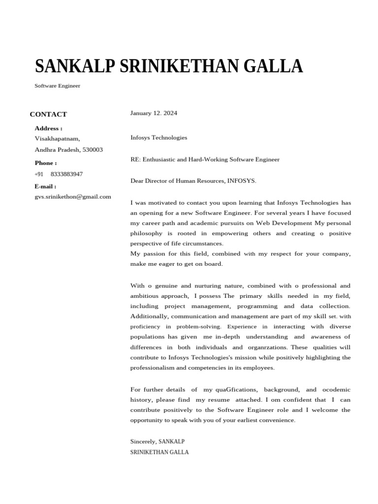 Infosys Software Engineer Cover Letter | PDF