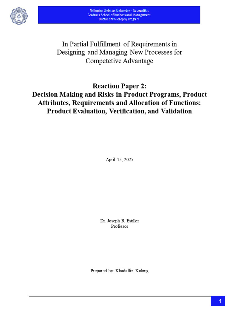 Reaction Paper 2 - Decision Making and Risks in Product Programs and ...