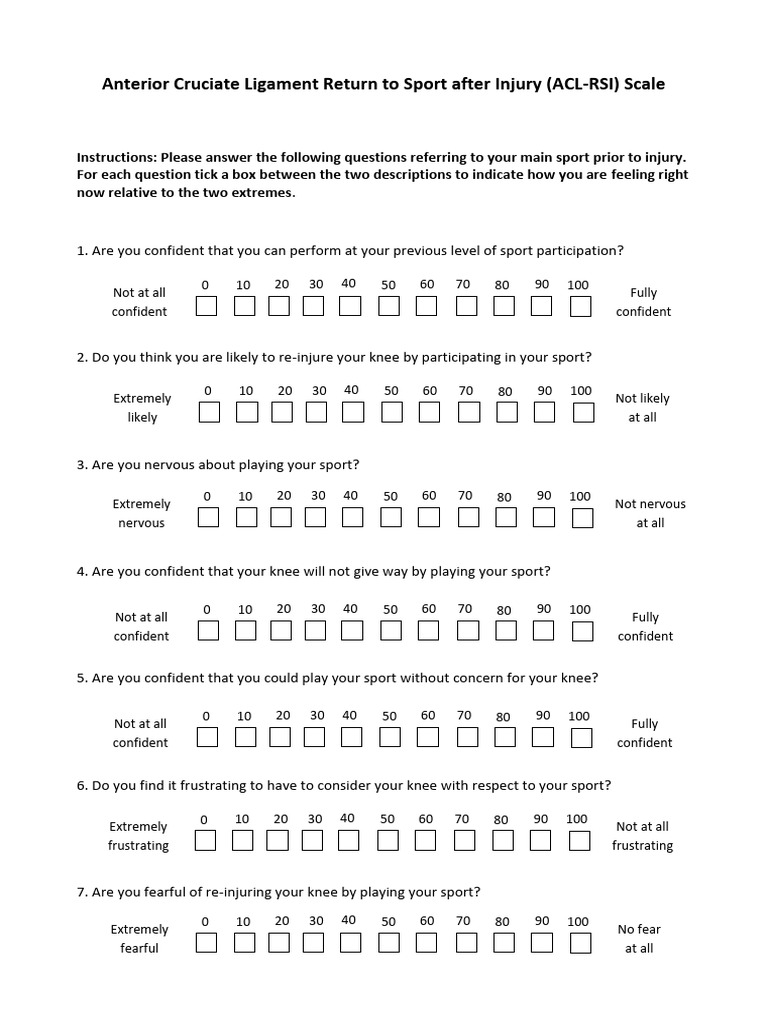 Anterior Cruciate Ligament Return To Sport After Injury (ACL-RSI) | PDF ...
