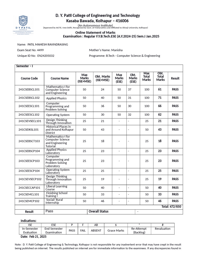 F.Y.B.Tech ESE Marks Statement 2025 | PDF | Engineering | Science