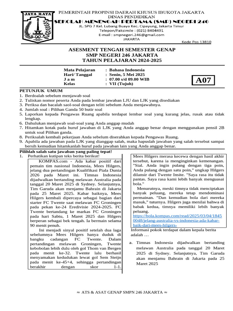Soal - B.indo - Ats - Kels - 7 - Genap - Edit - Ok - 2025 Ok | PDF