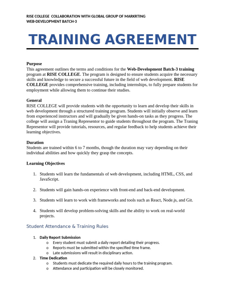 Web Development Training Agreement | PDF | Web Development