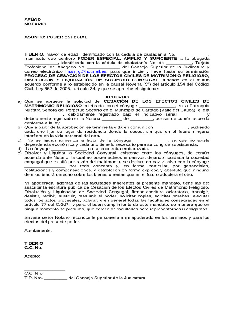 Poder Divorcio Modelo | PDF | Propiedad de la comunidad | Divorcio