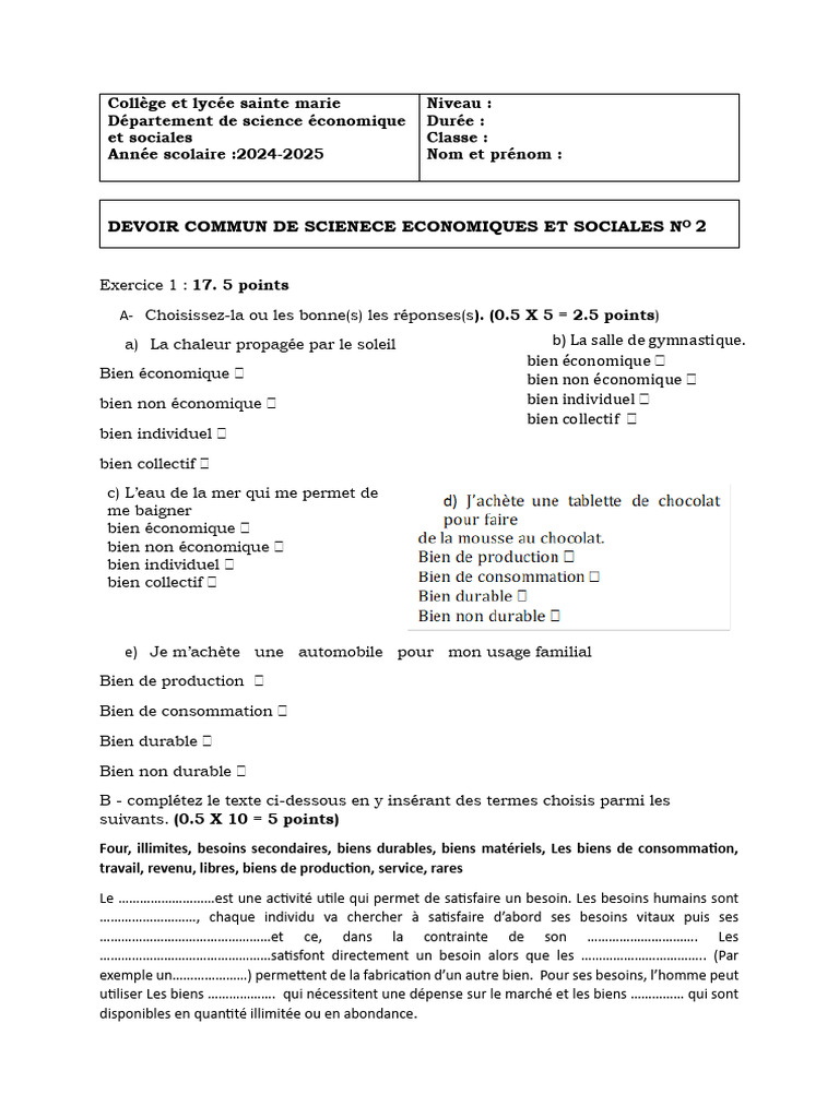 2eme Devoir Commun 2nde Sainte Marie | PDF | Consommation (Économie) | Économie