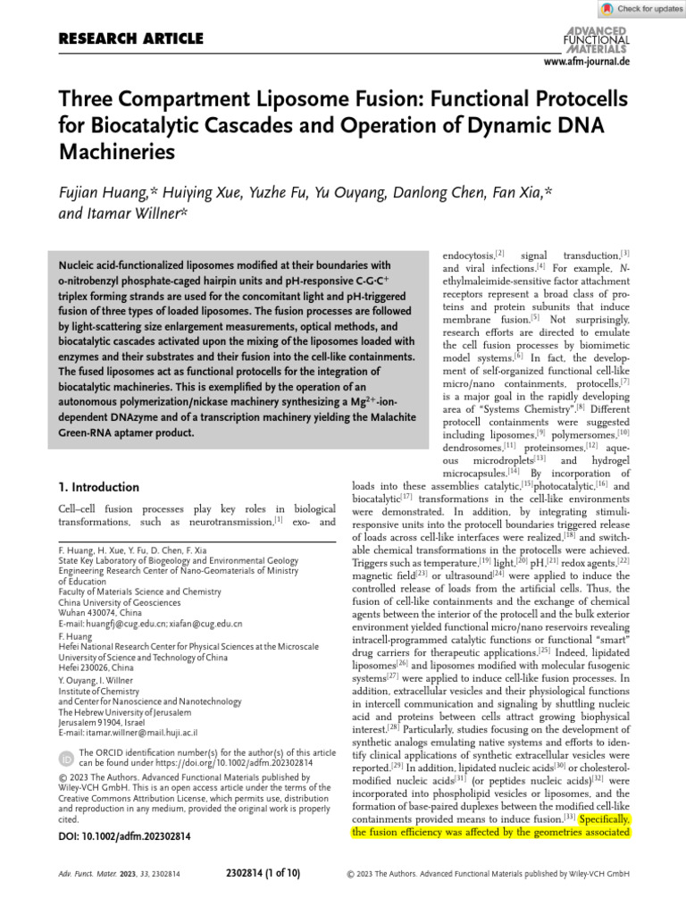 Adv Funct Materials - 2023 - 三室脂质体融合：用于生物催化级联和动态 DNA 机制操作的功能性原始细胞 | PDF | Dna Replication ...