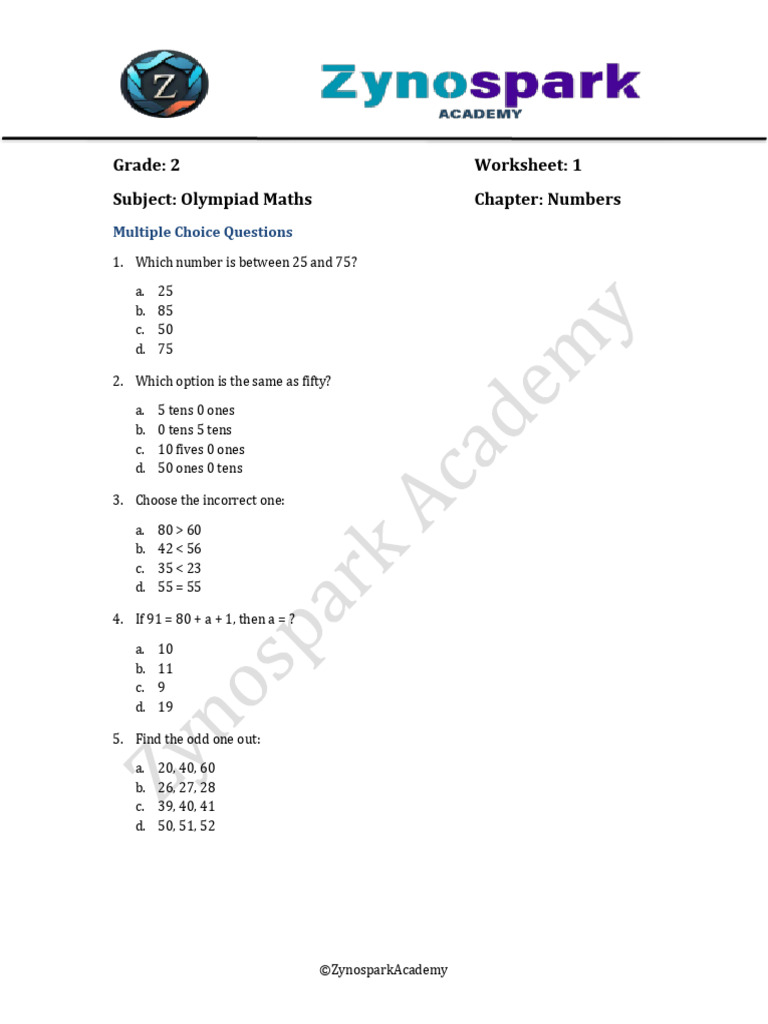 Grade 2 Olympiad Maths Practice Worksheet Chapter 1 | PDF