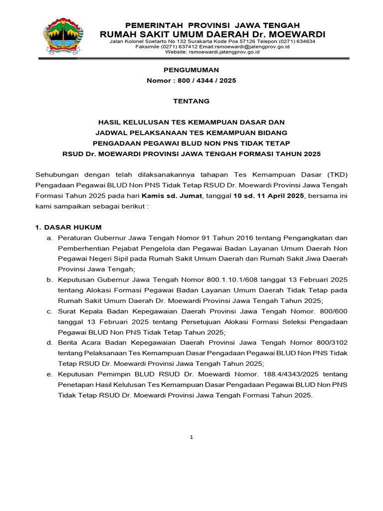 Pengumuman Hasil Kelulusan TKD Dan Jadwal Pelaksanaan TKB Pengadaan Blud Rsud Dr. Moewardi Tahun ...