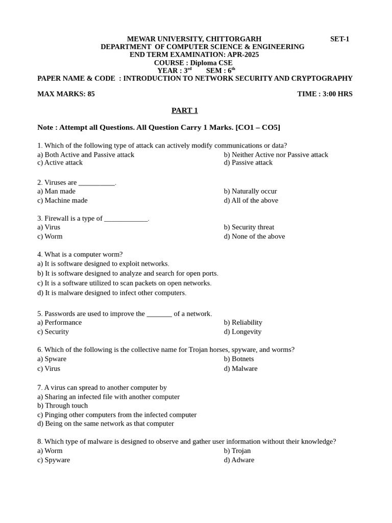 Diploma CSE 6th Sem Introduction To Network Security & Cryptography Paper | PDF | Malware ...