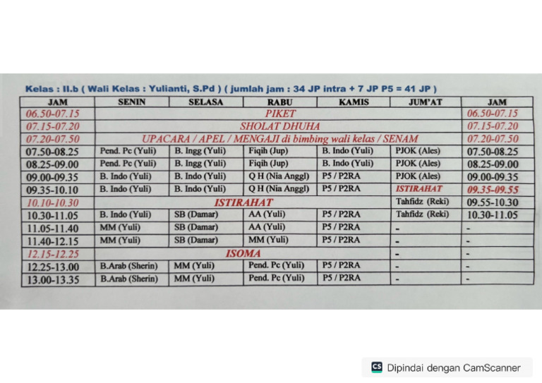 Jadwal Pelajaran 2b Yuli | PDF