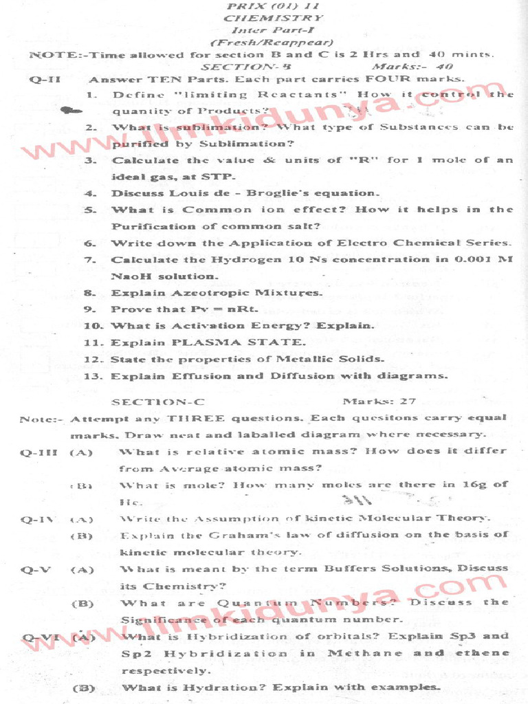 Past Papers 2011 Swat Board Inter Part 1 Chemistry Section B | PDF