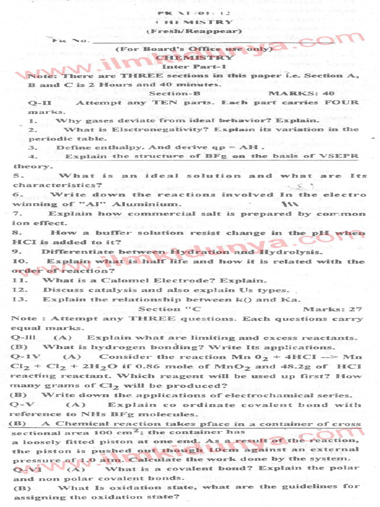 Past Papers 2012 Swat Board Inter Part 1 Chemistry Section B | PDF