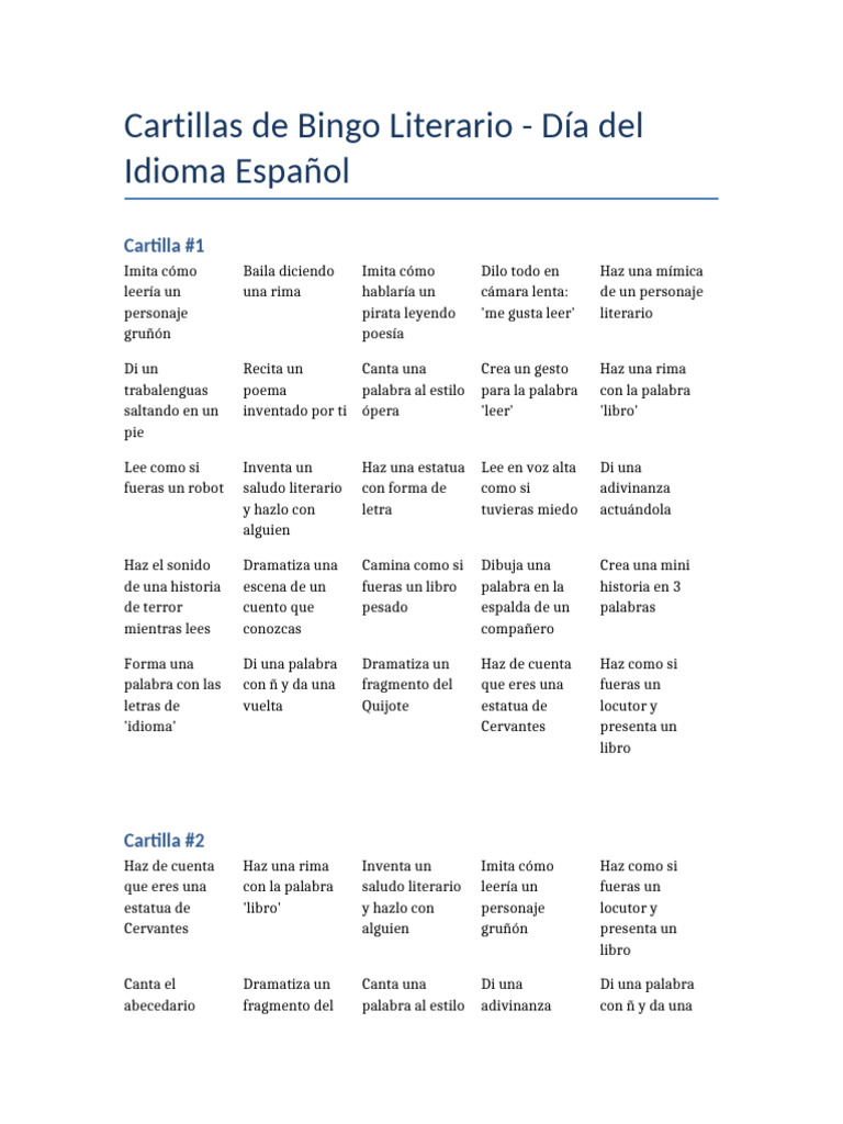 Bingo Literario Dia Del Idioma | PDF