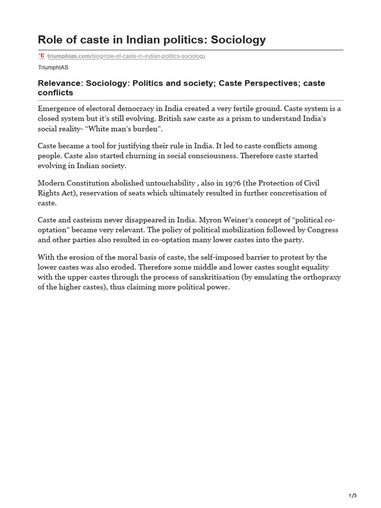 Role of Caste in Indian Politics Sociology | PDF | Caste | Social ...