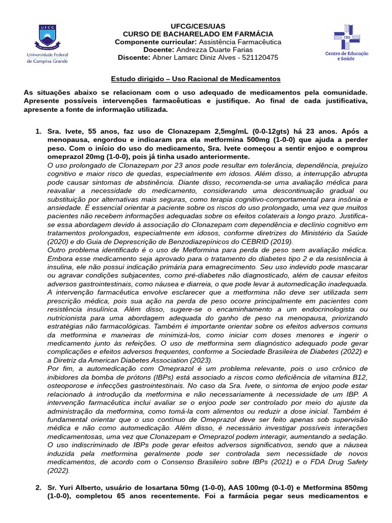 Estudo Dirigido - Uso Racional de Medicamentos - Abner | PDF | Hipertensão | Anticoncepcionais
