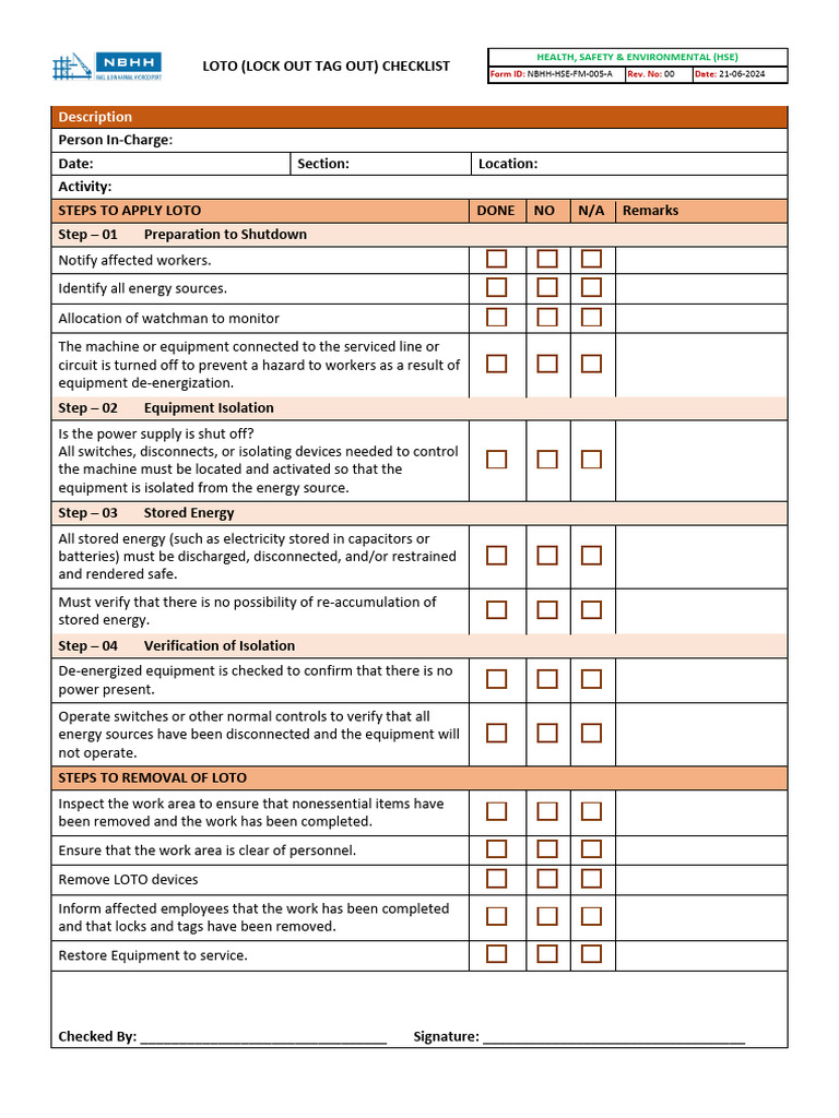 NBHH-HSE-FM-005-A Rev 01 LOTO CHECKLIST | PDF