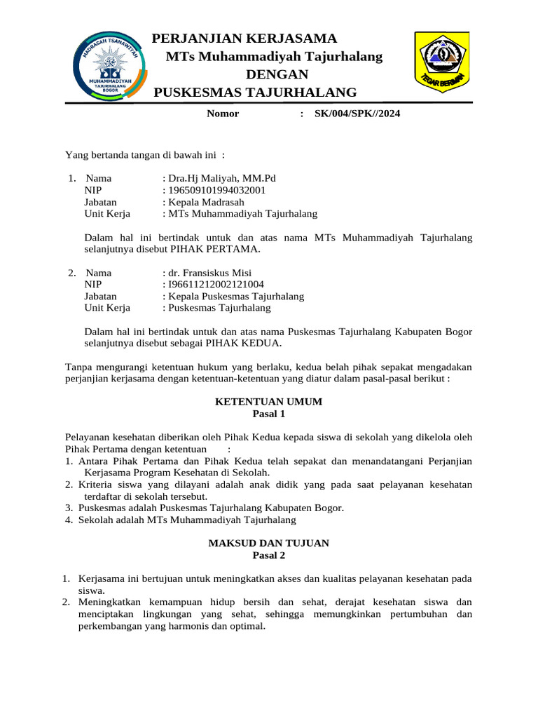 Contoh MoU SMP SMA Dan PUSKESMAS TAJURHALANG | PDF