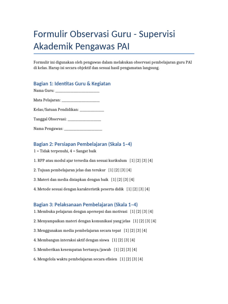 Formulir Observasi Guru Supervisi PAI | PDF