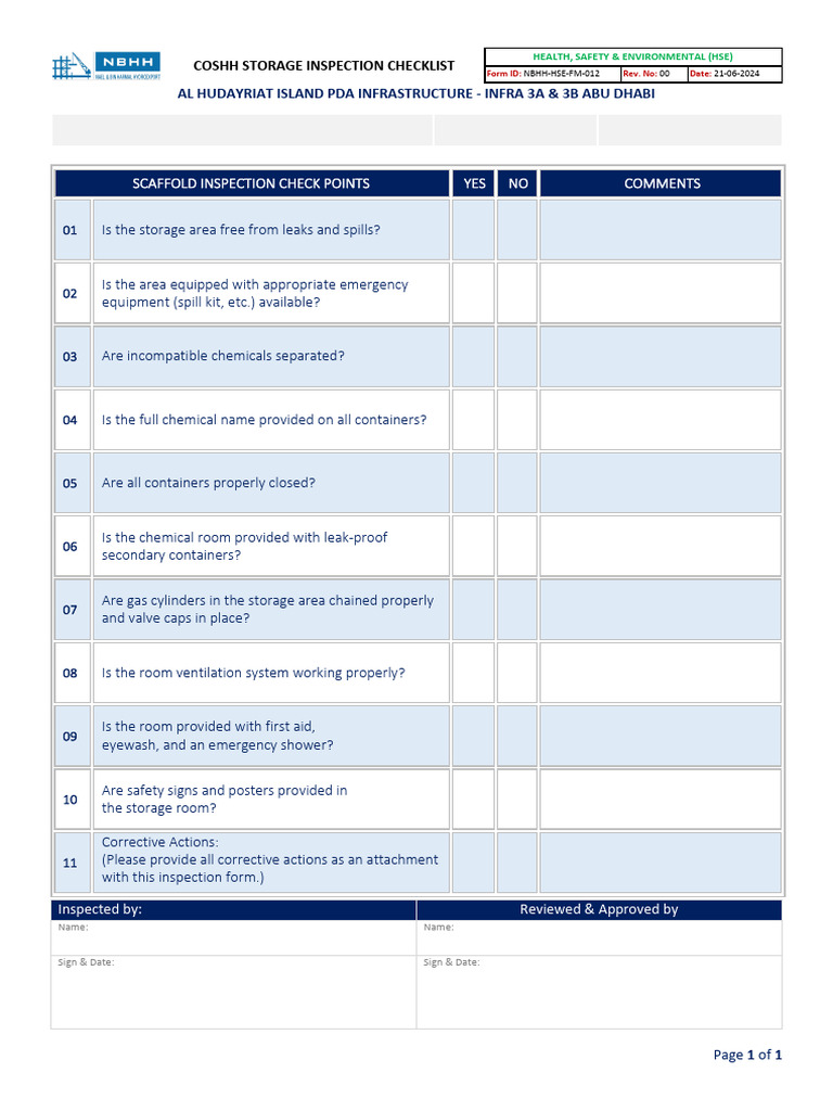 Nbhh-Hse-Fm-012 Coshh Storage Inspection Checklist | PDF