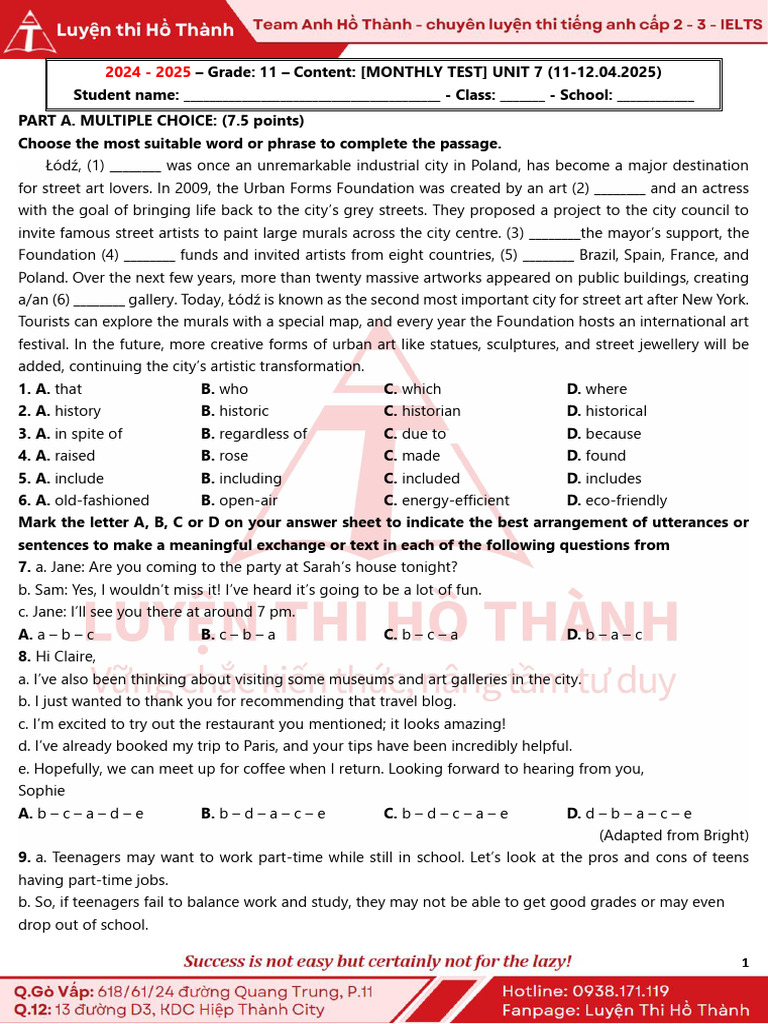 (G11 - Monthly Test) Unit 7 (11-12.04.2025) | PDF