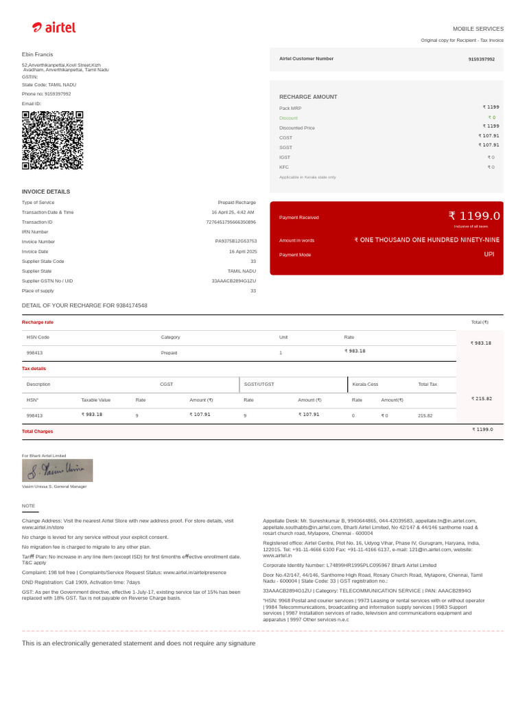 Mobile Recharge Bill April | PDF | Invoice | Payments