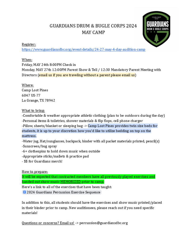 Guardians MAY 24-27 Camp at Lost Pines - INFO | PDF