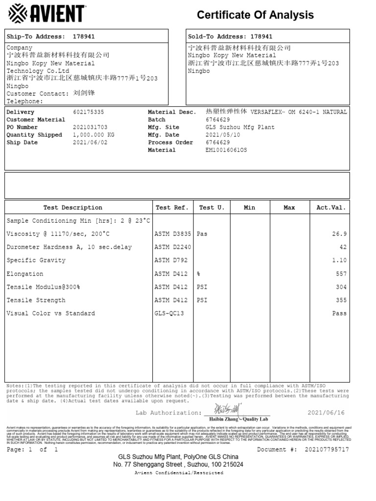 SEBS Versaflex™ OM 6240-1 - Material Report | PDF