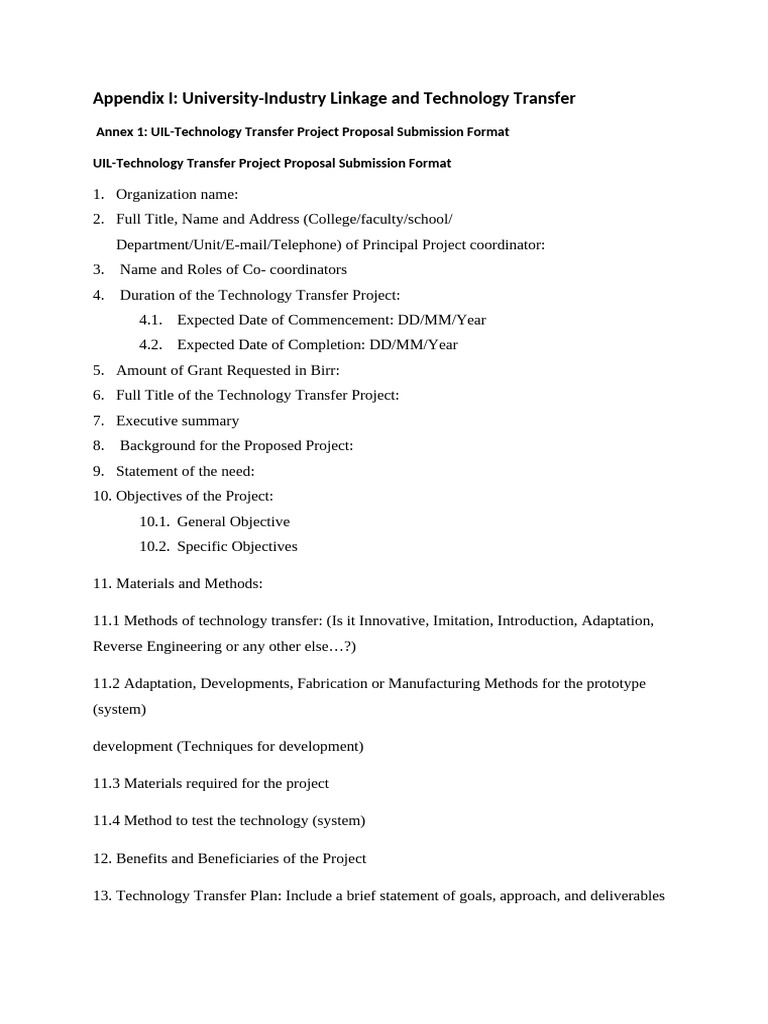 Technology Transfer Project Proposal Guide Pdf Business