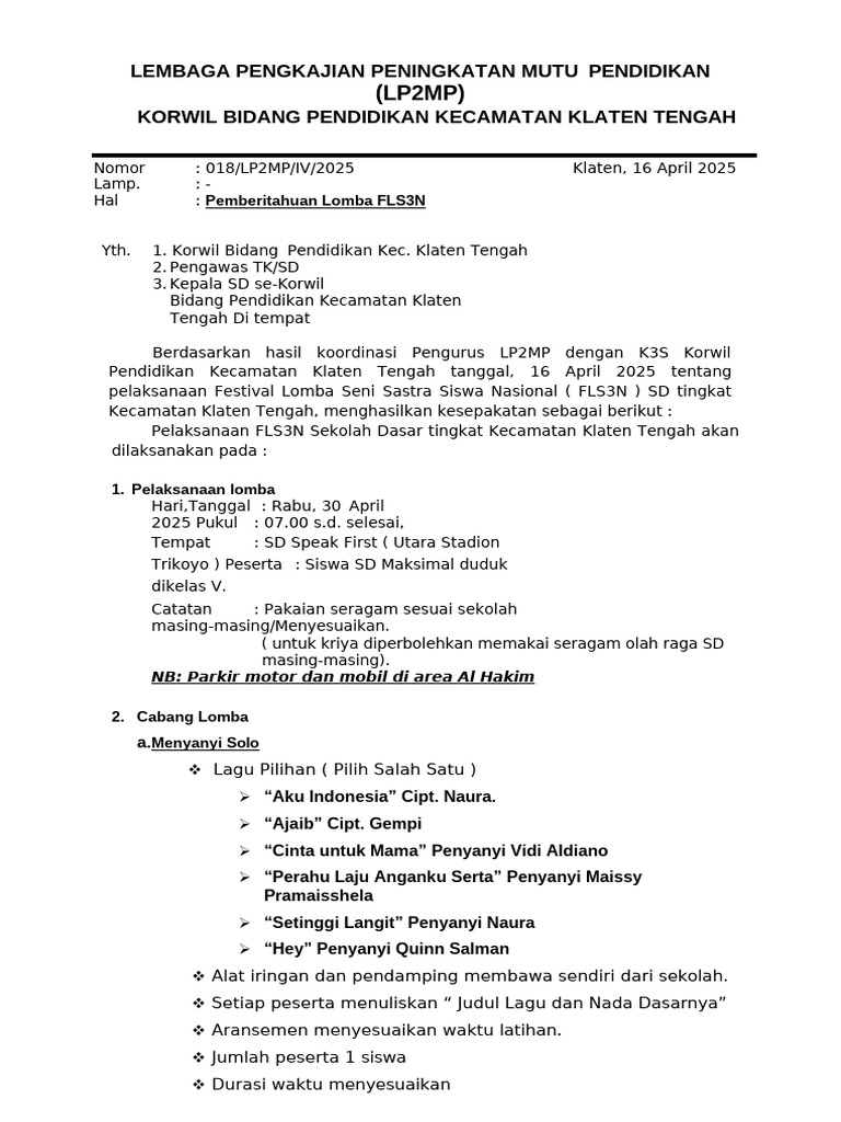Edaran Lomba Fls3n 2025 Klaten Tengah | PDF