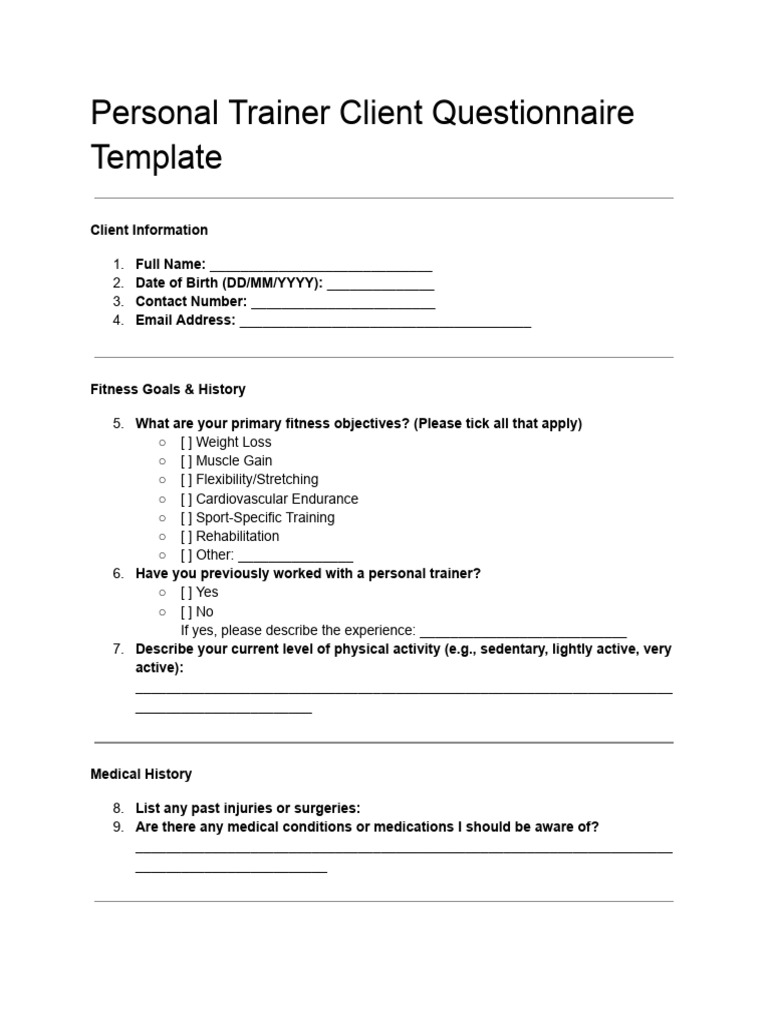 Personal Trainer Client Questionnaire | PDF | Personal Trainer | Physical Fitness