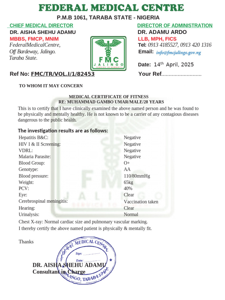 Nuruddeen Medical Fitness | PDF | Diseases And Disorders | Medical ...