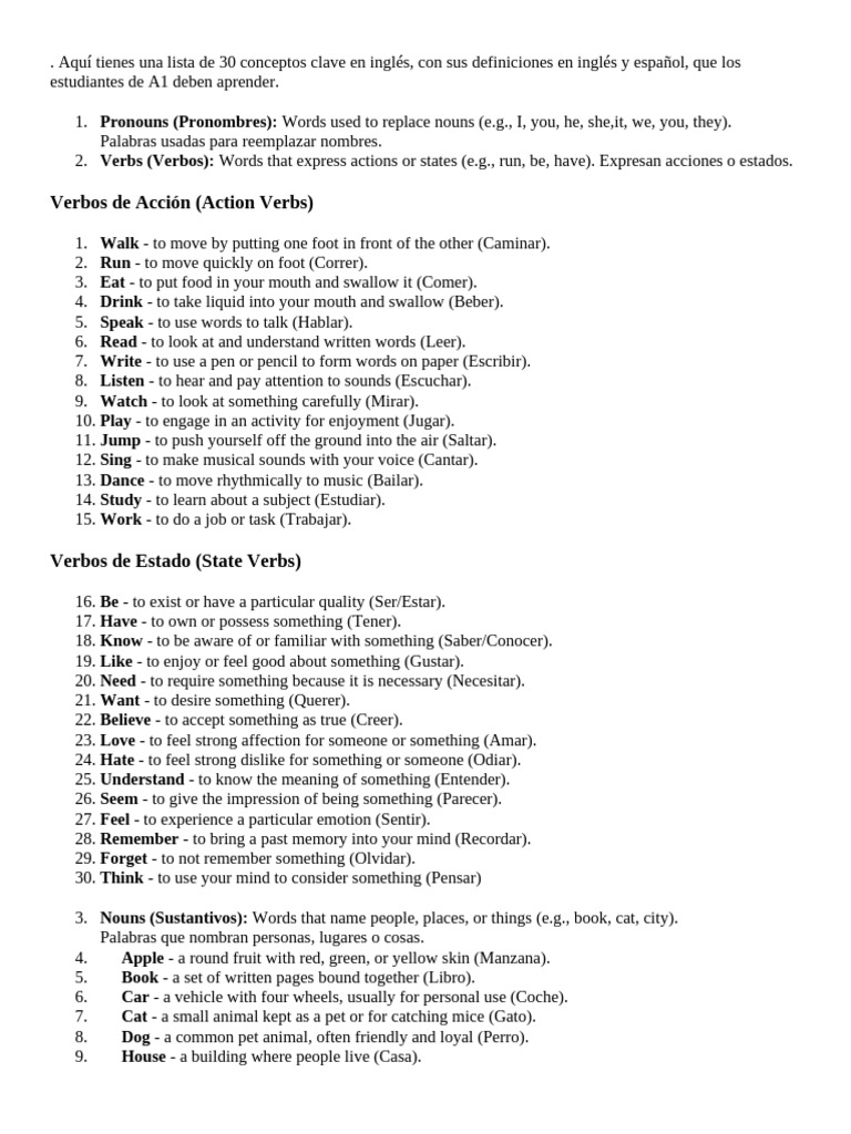 Aquí Tienes Una Lista de 30 Conceptos Clave en Inglés | PDF | Question ...