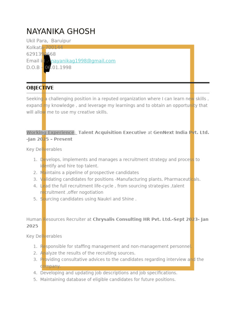 Shine Nayanika Ghosh 1yr 6m Kolkata 1.00 LPA Talent Acquisition Executive | PDF | Recruitment ...