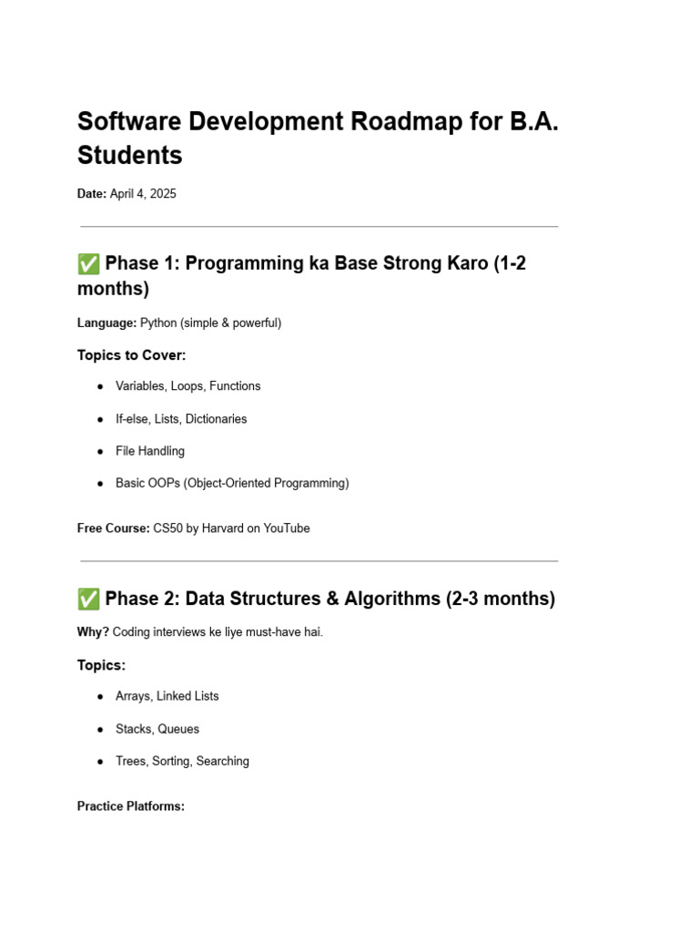 Software Development Roadmap For BA Students | PDF