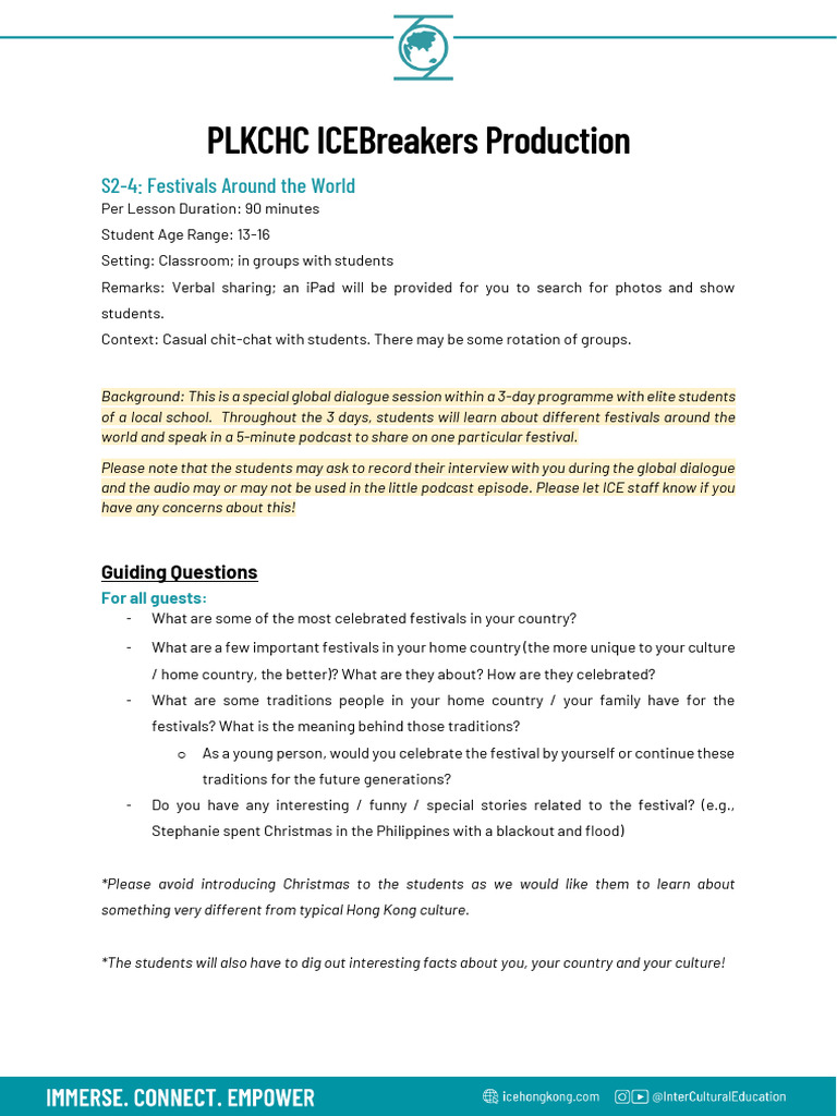 Festivals (ICEBreakers Production Version) - Guest Instructions | PDF