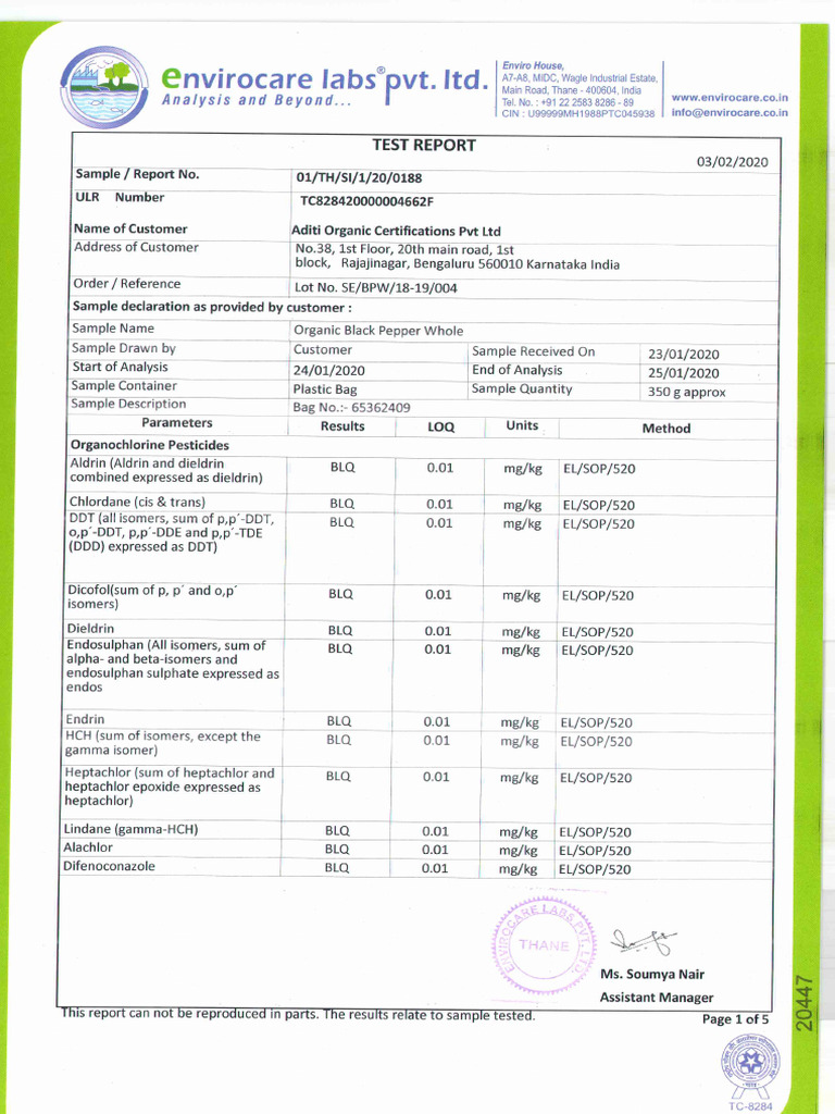 Test Report Organic Black Pepper Whole | PDF