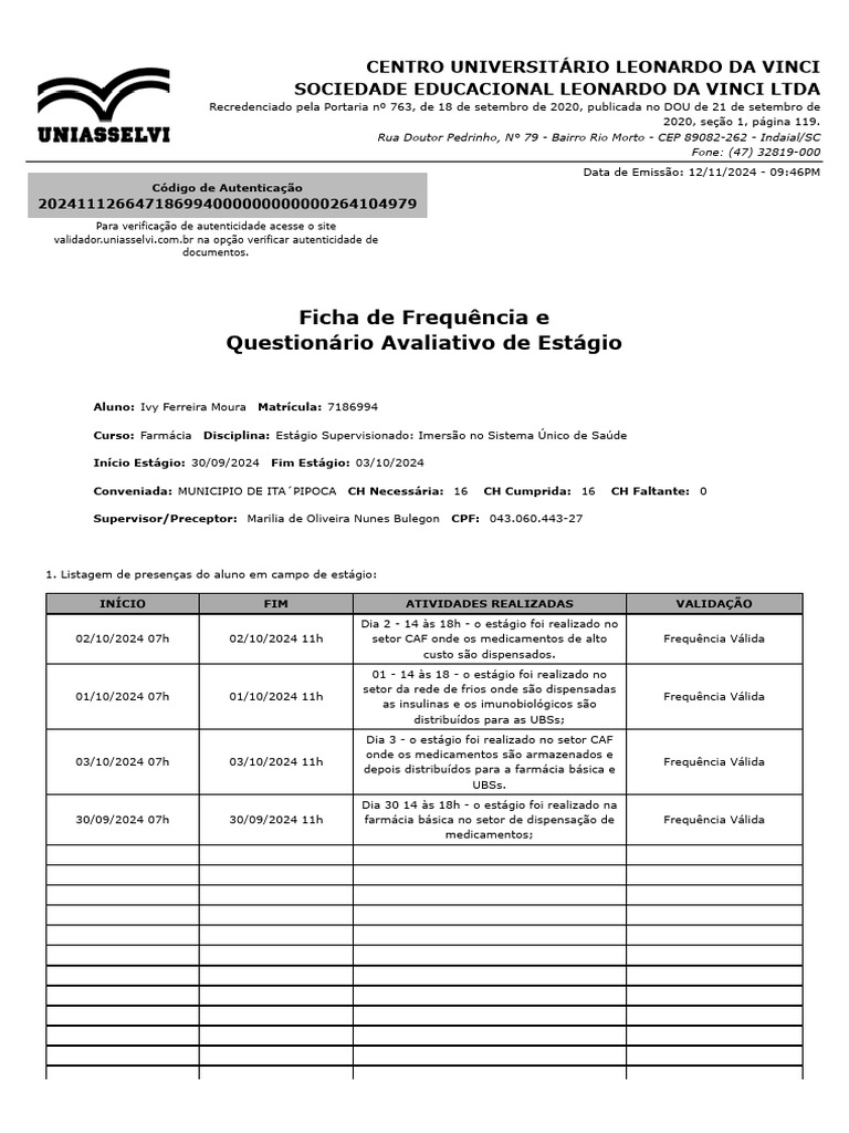 Ficha de Frequência e Questionário Avaliativo de Estágio | PDF