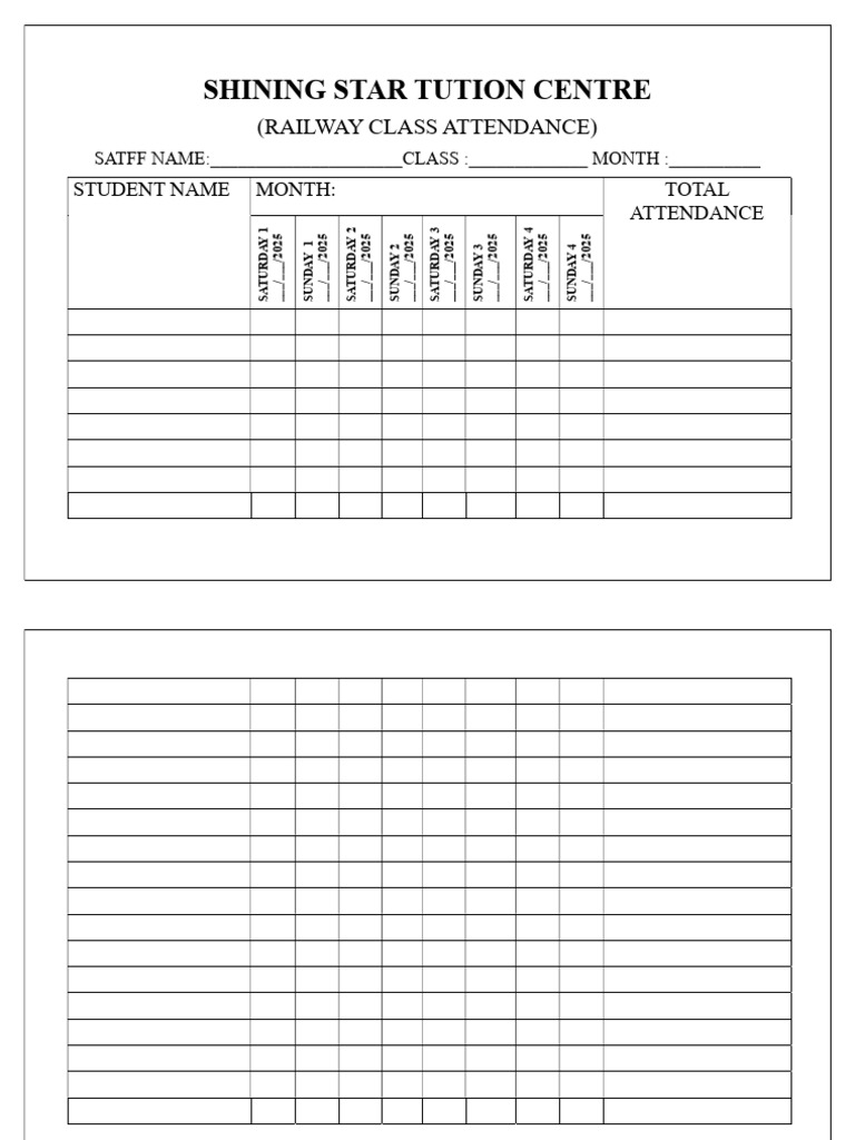 Attendance Sheet for Railway Class | PDF